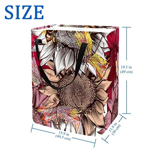 Dragonflies and Bee on Sunflower Print Collapsible Laundry Hamper, 60L Waterproof Laundry Baskets Washing Bin Clothes Toys Storage for Dorm Bathroom Bedroom