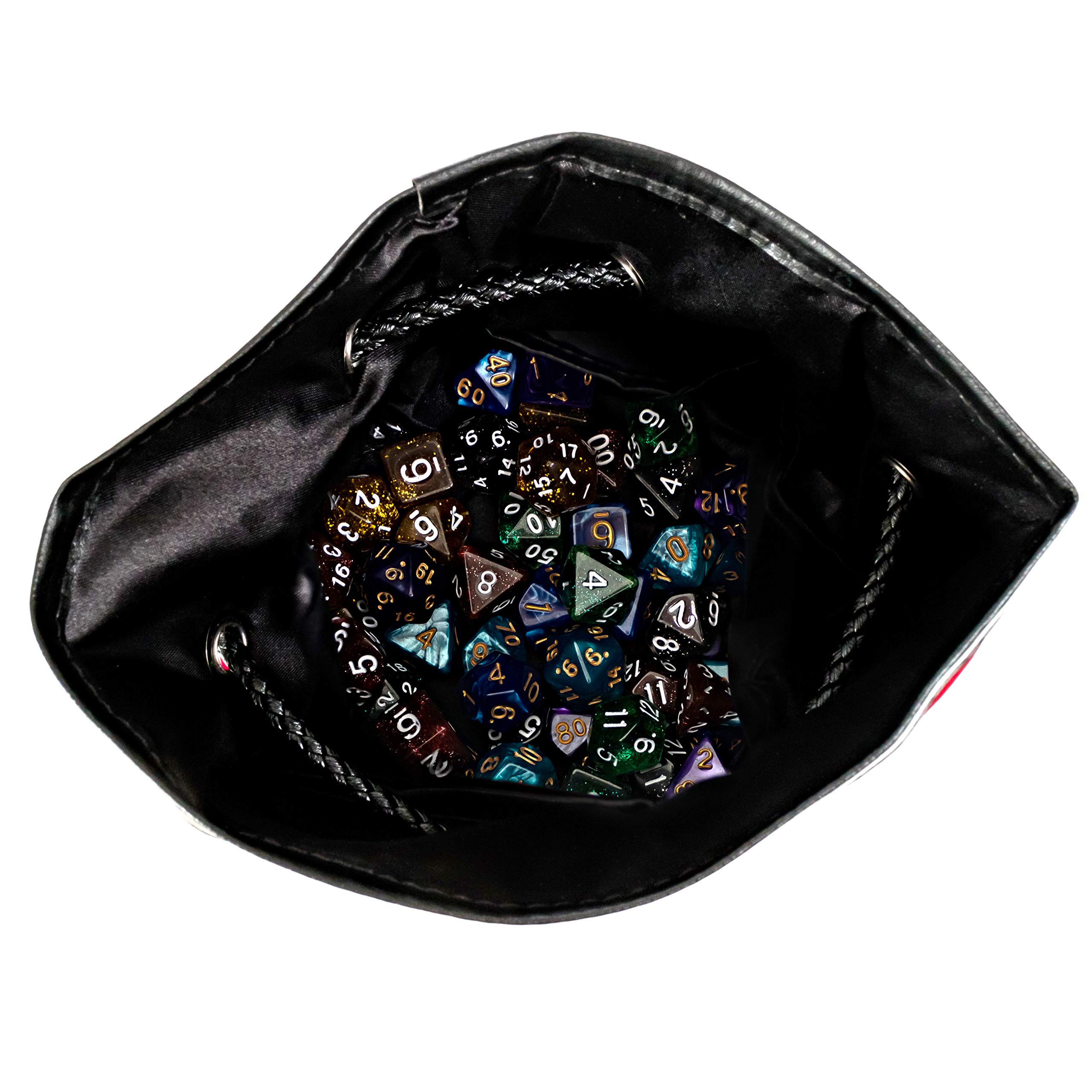 Large Dice Bag with 7 Complete Dice Sets | Dragon DND Dice Bag and 49 Polyhedral Dice | Red Dice Bag with Pockets