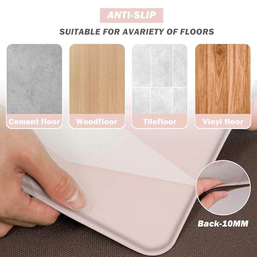 chiinvent Pink Kitchen Rug Set of 2, Anti-Fatigue Pink and Grey Marble Kitchen Mat, Non-Slip Waterproof Comfort Standing PVC Kitchen Mats for Floor, Memory Foam Cushioned Rugs,17.3"x28"+17.3"x47"