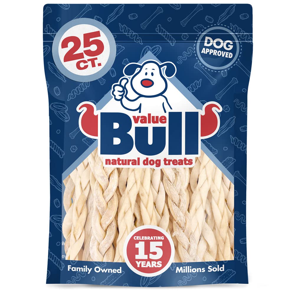 ValueBull Cheek Chews, Triple Braided, Premium Beef, 5-6 Inch, 25 Count - Long Lasting Dog Chews, Single Ingredient Rawhide Alternative, Angus Beef, Cleans Teeth