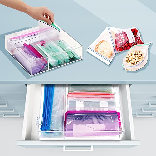 Food Bag Storage Organizer, KEPDTAI Ziplock Bag Organizer Holders Acrylic Kitchen Drawer Compatible with Ziploc, Solimo, Hefty, Glad, Gallon, Quart, Sandwich, Snack, Variety Size Bags (Clear)