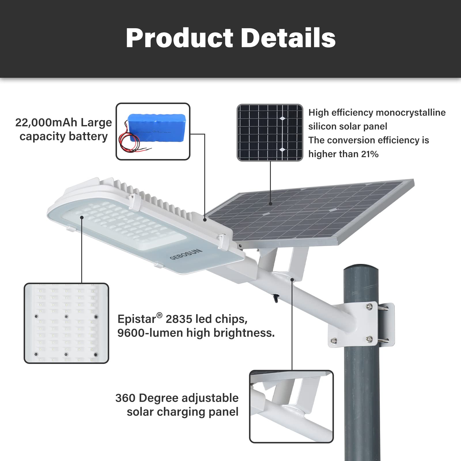 Gebosun Solar Street Light, 100W Outdoor Solar Led Street Lights, Work from Dusk to Dawn, 8600LM, 6000K, IP65 Waterproof, Wall-Mounted & Pole-Mounted for Pathway, Driveway, Swimming Pool, Garden