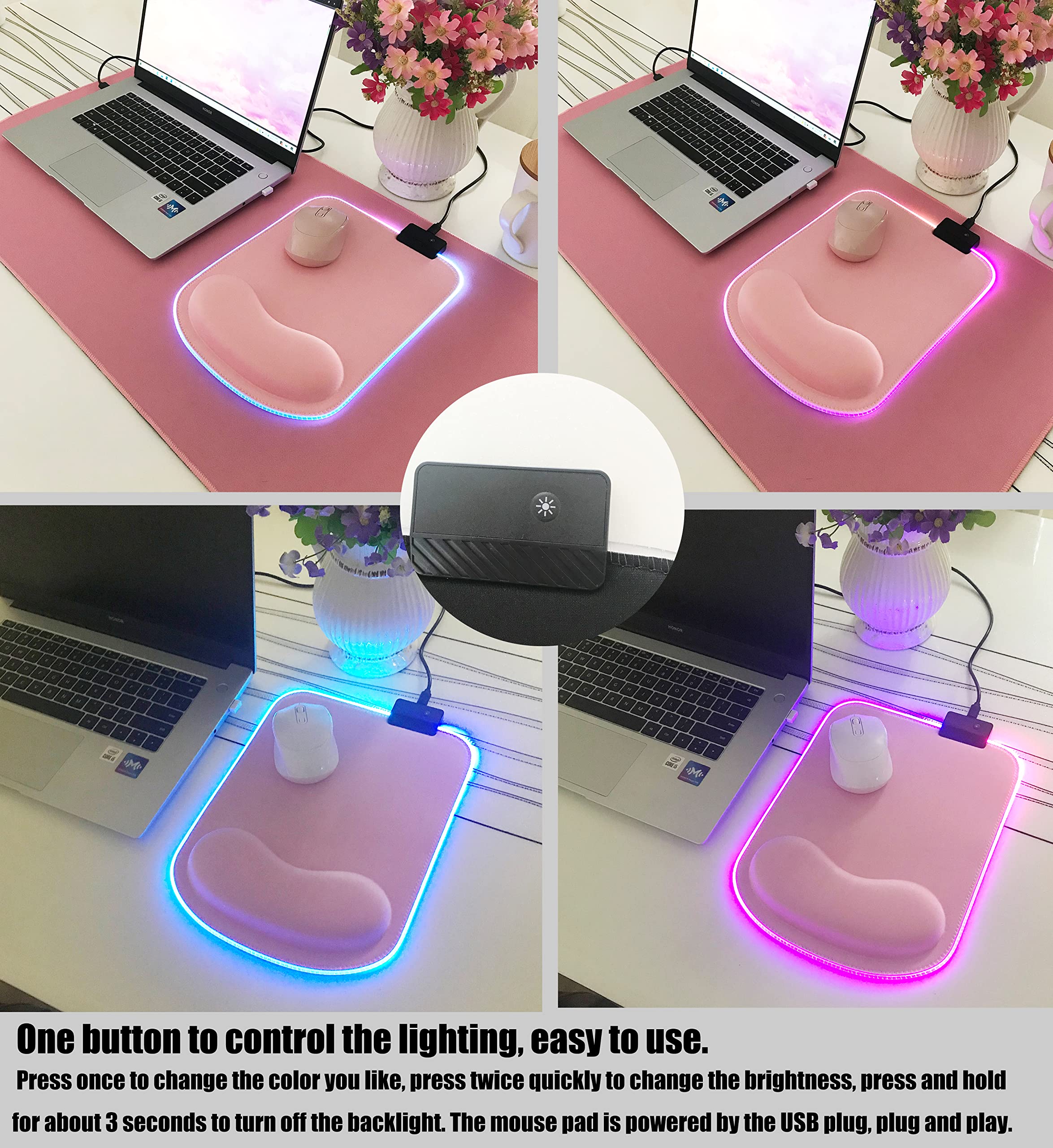 RGB Mouse Pad with Wrist Support, LED Mouse Pad with 13 Lighting Modes, Anti-Slip Rubber Base, Pain Relief Computer Ergonomic Mouse Pad for Gaming, Office, Home, 11.8 x 8.5 in (Pink)