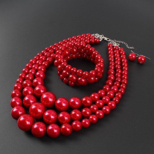 KOSMOS-LI Large Pearl Jewelry Set 3 Layer Simulated Red Pearl Women's Statement 18" Necklace Bracelet and Earrings