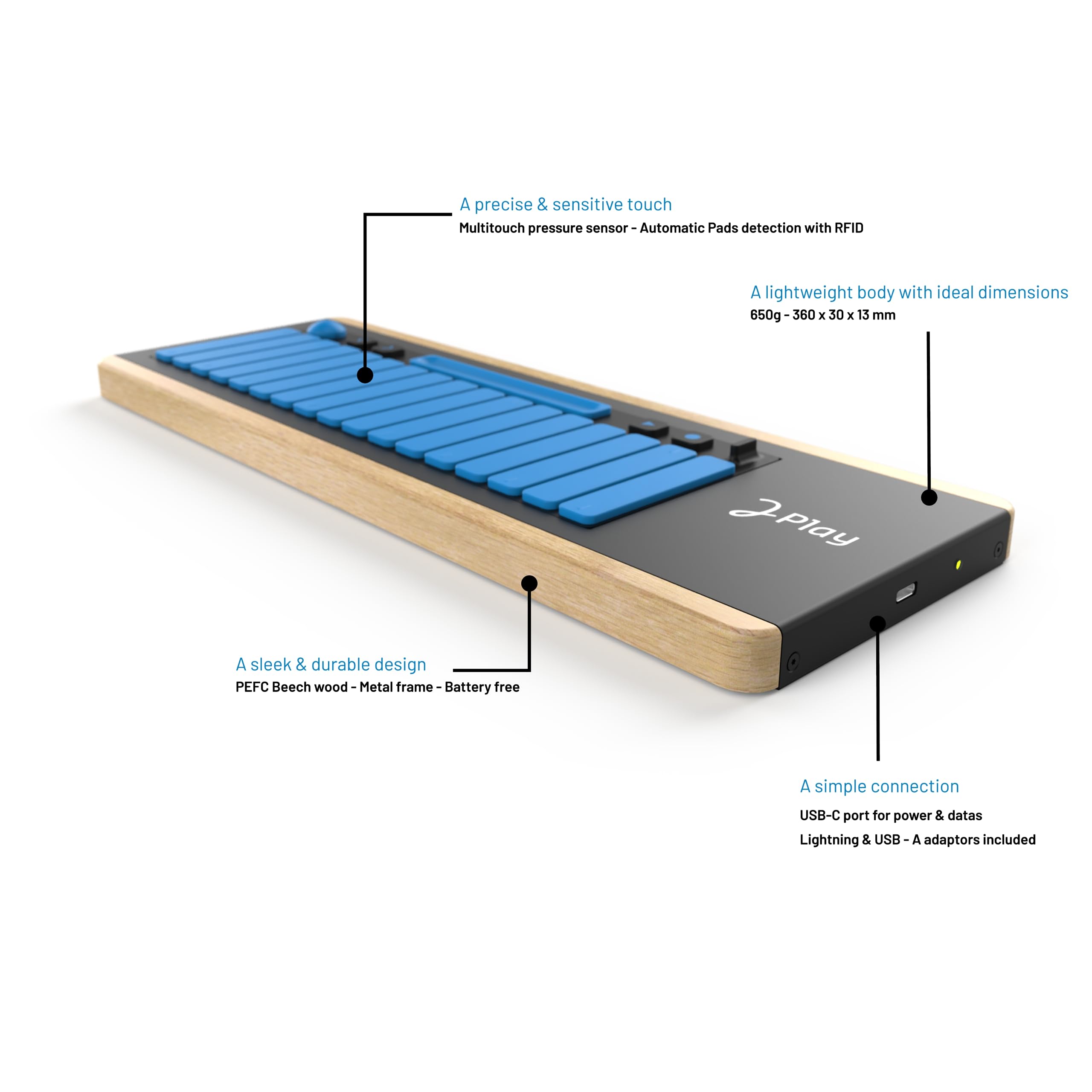 Keys Pad Accessory for J-Play MIDI controller - 17 Keys and Effect Zone, Dedicated Musical App Included, Plug & Play Music instrument Water Edition