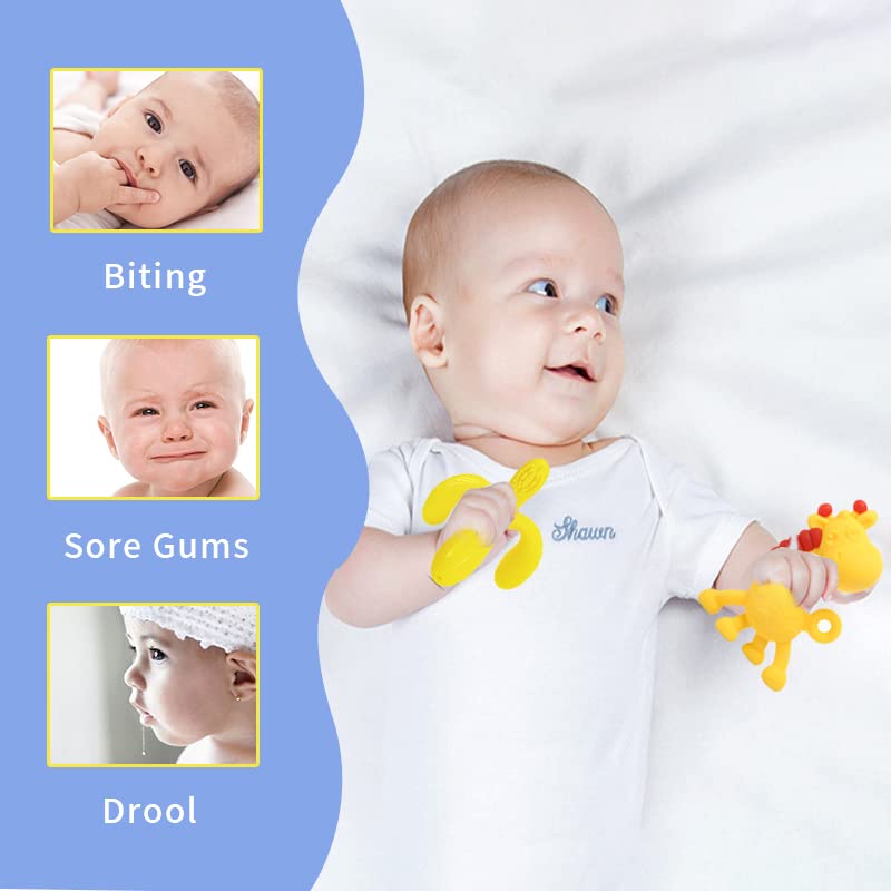TEKSTAR Baby Teething Toys Silicone Fruit Giraffe Banana Toothbrush Teethers Freezer BPA Free, Soothe Babies Teething Relief Sore Gums for Newborn Infant and Toddler (5-Pack)
