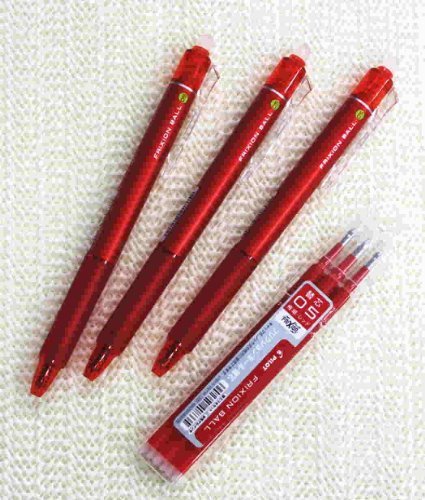 Pilot Frixion Ball Knock Retractable Erasable Gel Ink Pens,fine Point, 0.5 Mm - Red Ink- Value set of 3 & 3 Gel Ink Pen Refill Pack