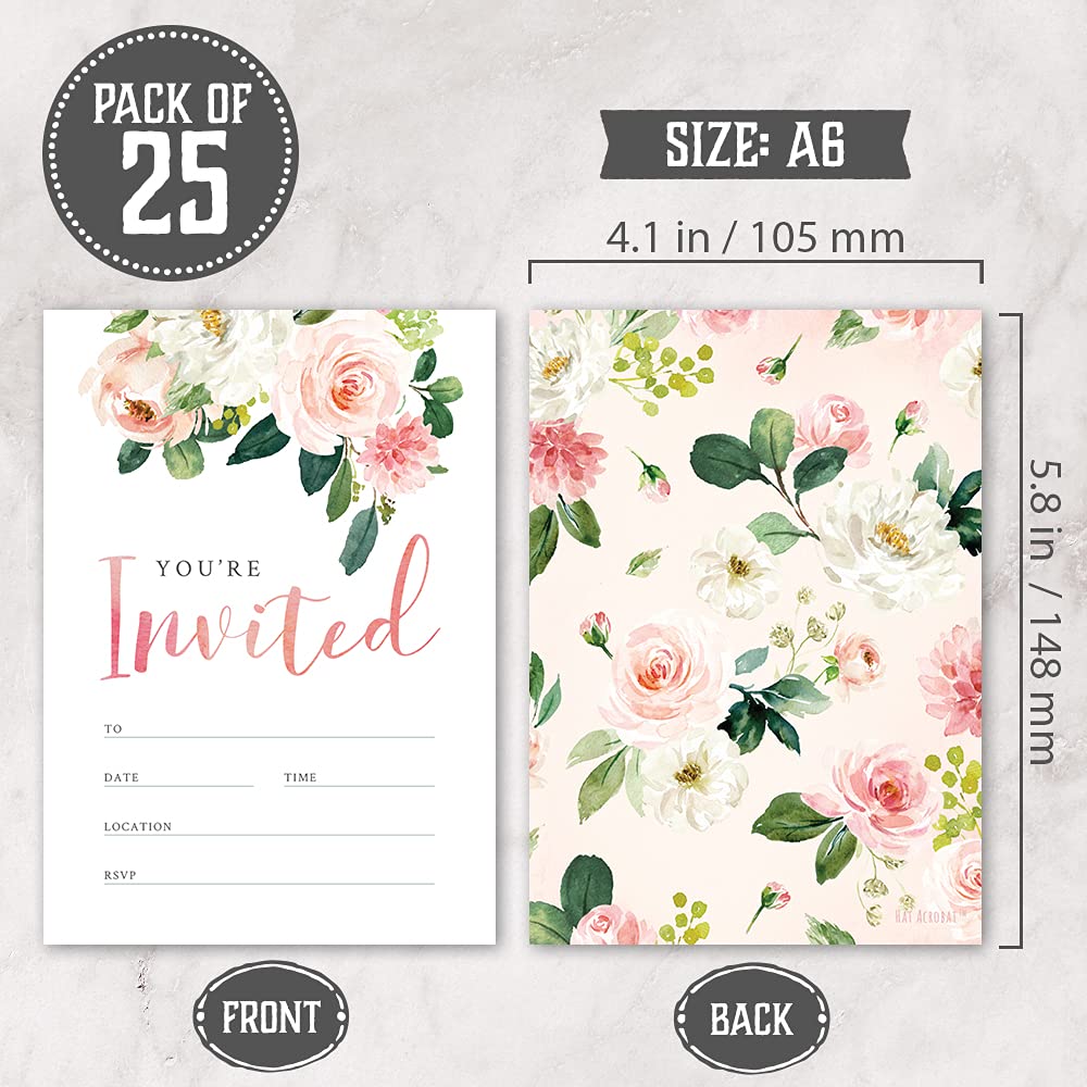 Floral Fill-in Invitations with Envelopes, Perfect for Bridal Shower, Baby Shower, Wedding, Rehearsal Dinner, Birthday Party, Anniversary Party (25 Pack)