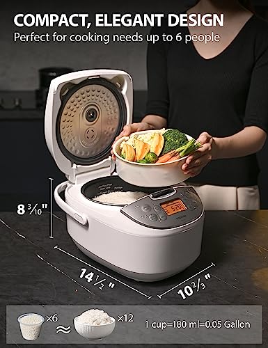 Toshiba Rice Cooker 6 Cup Uncooked β Japanese Rice Cooker with Fuzzy Logic Technology, 7 Cooking Functions, Digital Display, 2 Delay Timers and Auto Keep Warm, Non-Stick Inner Pot, White