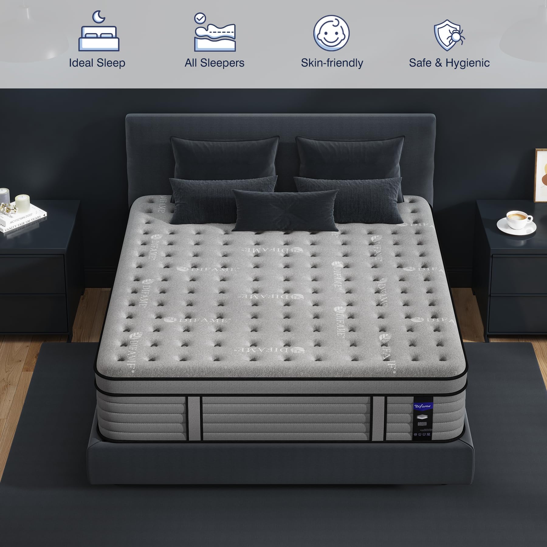 DIFAME Cal King size Mattress, 12 Inch California King Size Hybrid Mattress in a box with Memory Foam,Individually Pocket Coils Springs for Motion Isolation, Pressure Relief, Edge Support, Medium Firm