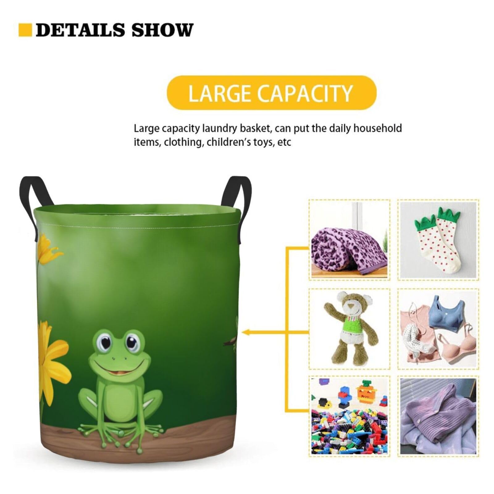Delerain Frog Yellow Flower Laundry Basket, Waterproof Laundry Hamper with Handles, Collapsible Toy Bins Dirty Clothes Round Storage Basket for Home Bathroom Office Nursery, 19.6X15.7(M)