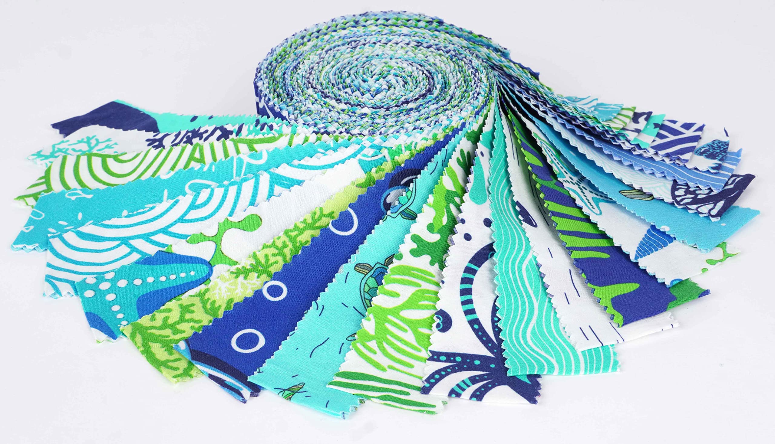 Soimoi 40Pcs Ocean Print Precut Fabrics Strips Roll Up 1.5x42 inches Cotton Jelly Rolls for Quilting - Medium Blue