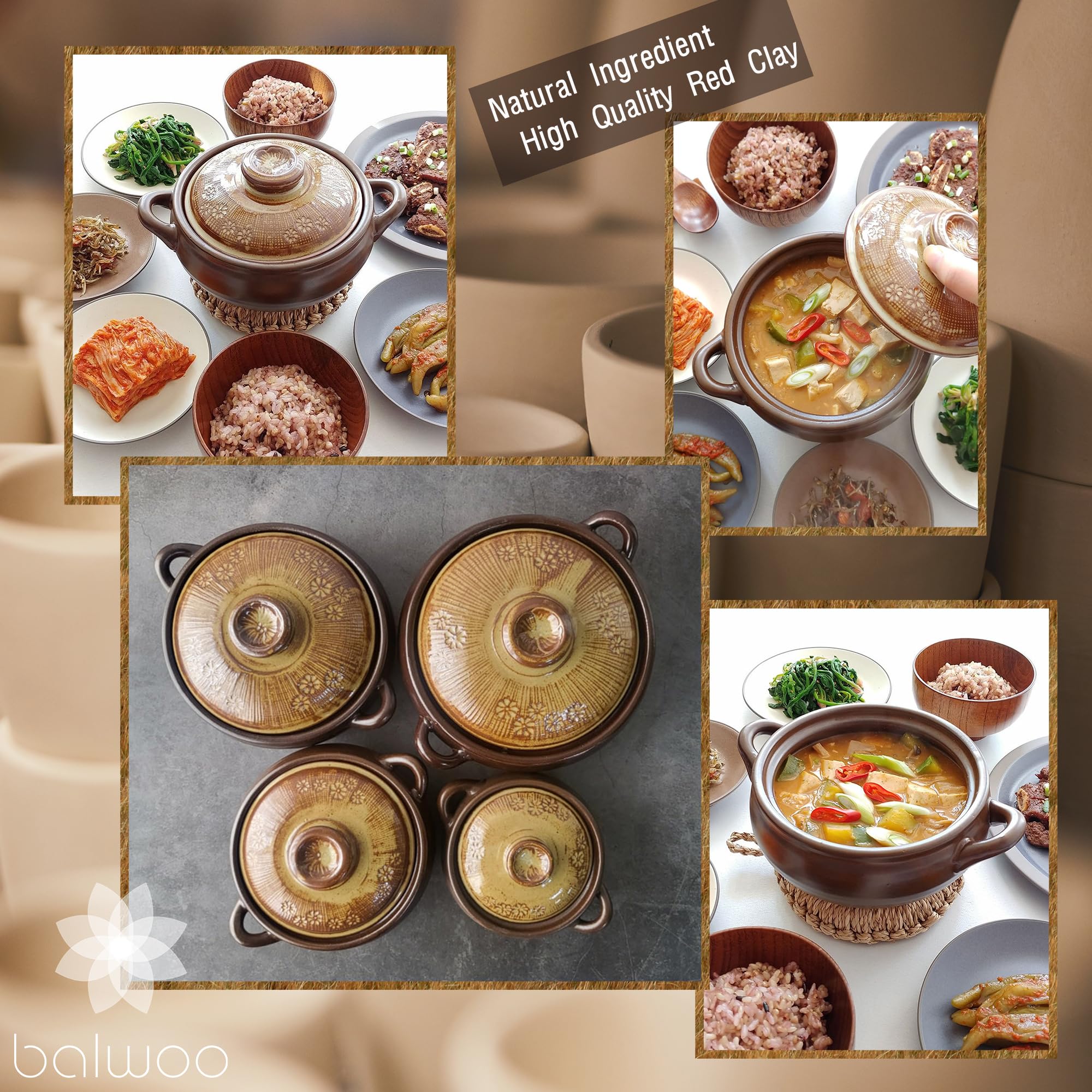 BALWOO Korean Pot [Buncheong] MUD GLAZE Earthenware Ttukbaegi, Ceramic Clay Cooking Pot Casserole, Heat Resistant Ceramic Pot, Zero-Crack Stone Bowl Stockpot Soup Cookware (Mini)