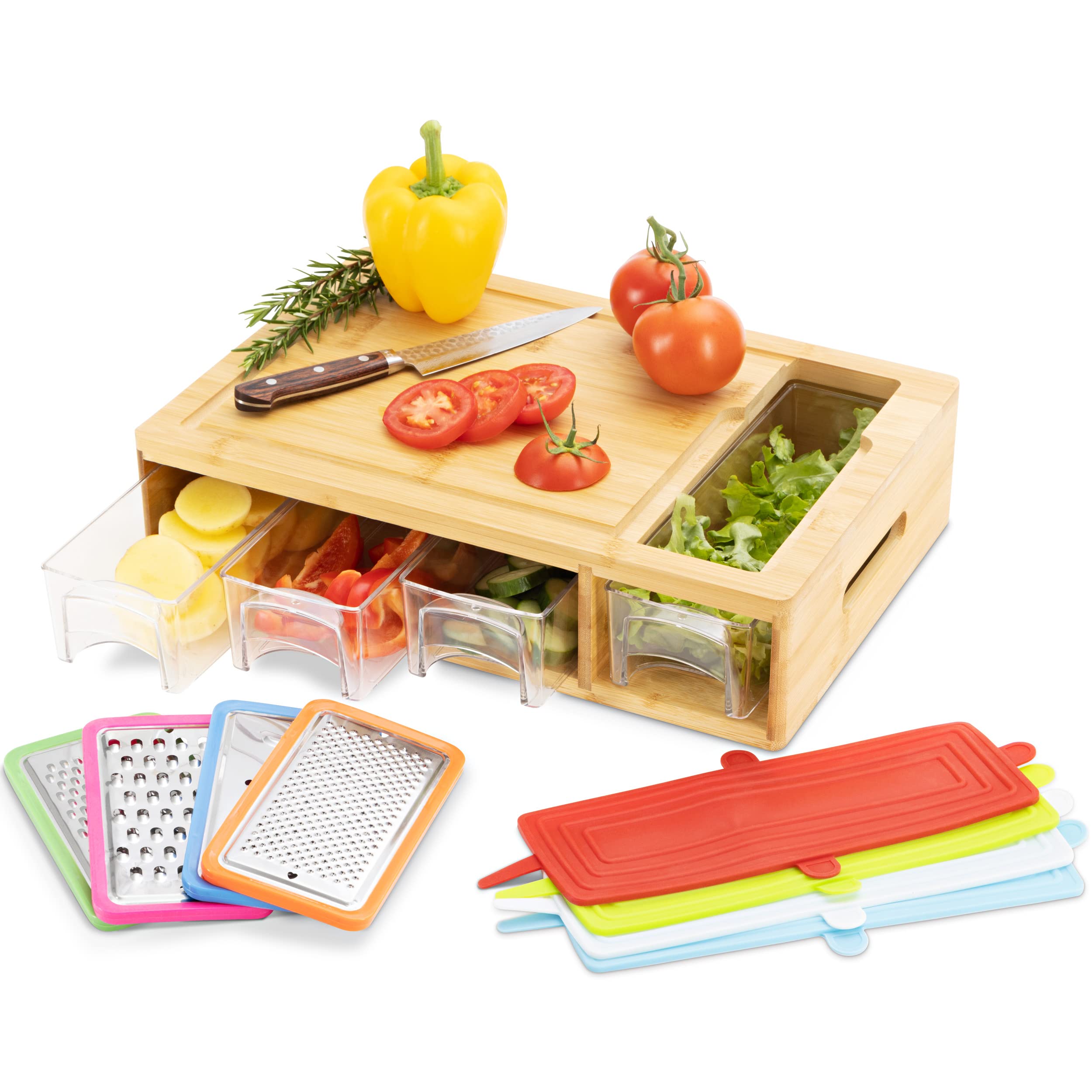 Bamboo Cutting Board With Containers - Multifunctional With Trays, Lids, Juice Groove, Graters, Save Space For Organised Kitchen, Makes Food Prep Quick And Easy