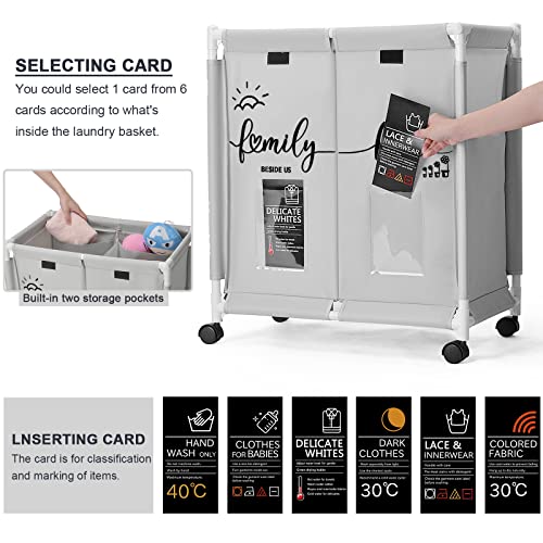 Laundry Sorter Cart with Lid, 110L 2 sections Oxford Cloth Laundry Hamper on Wheels, Laundry Basket for Family Dorm Room Clothing Throws Toys (22.6*13.6*26.6IN)