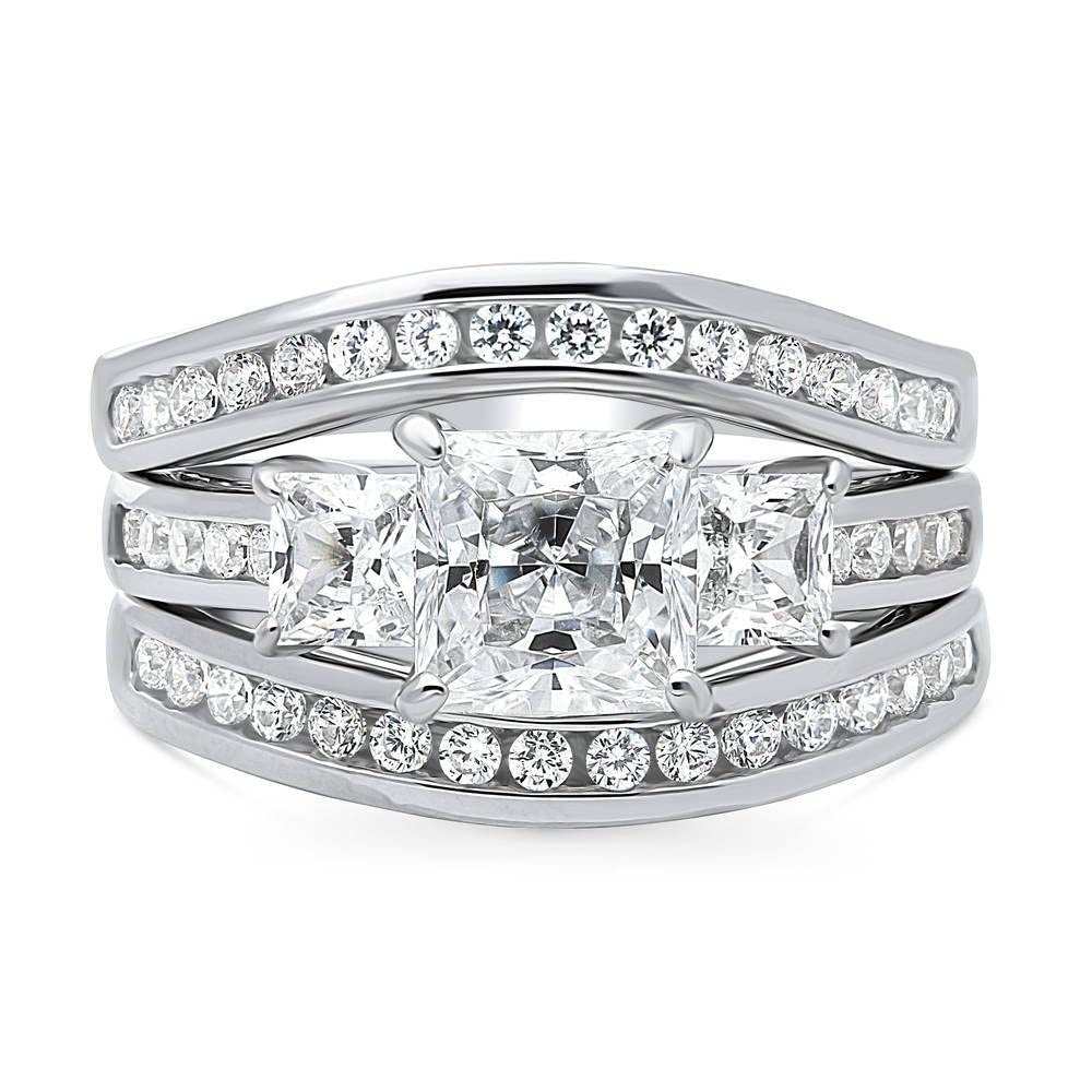 BERRICLE Sterling Silver 3-Stone Wedding Engagement Rings Princess Cut Cubic Zirconia CZ Ring Set for Women, Rhodium Plated Size 7