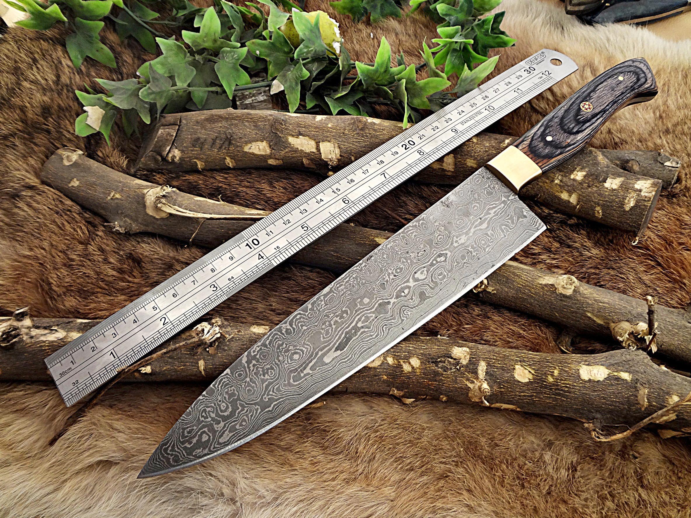 Damascus Steel Kitchen Knife, 14 Inches Long with 9" Long Hand Forged Blade, 2 Tone Dollar Wood Scale with Brass Bolster