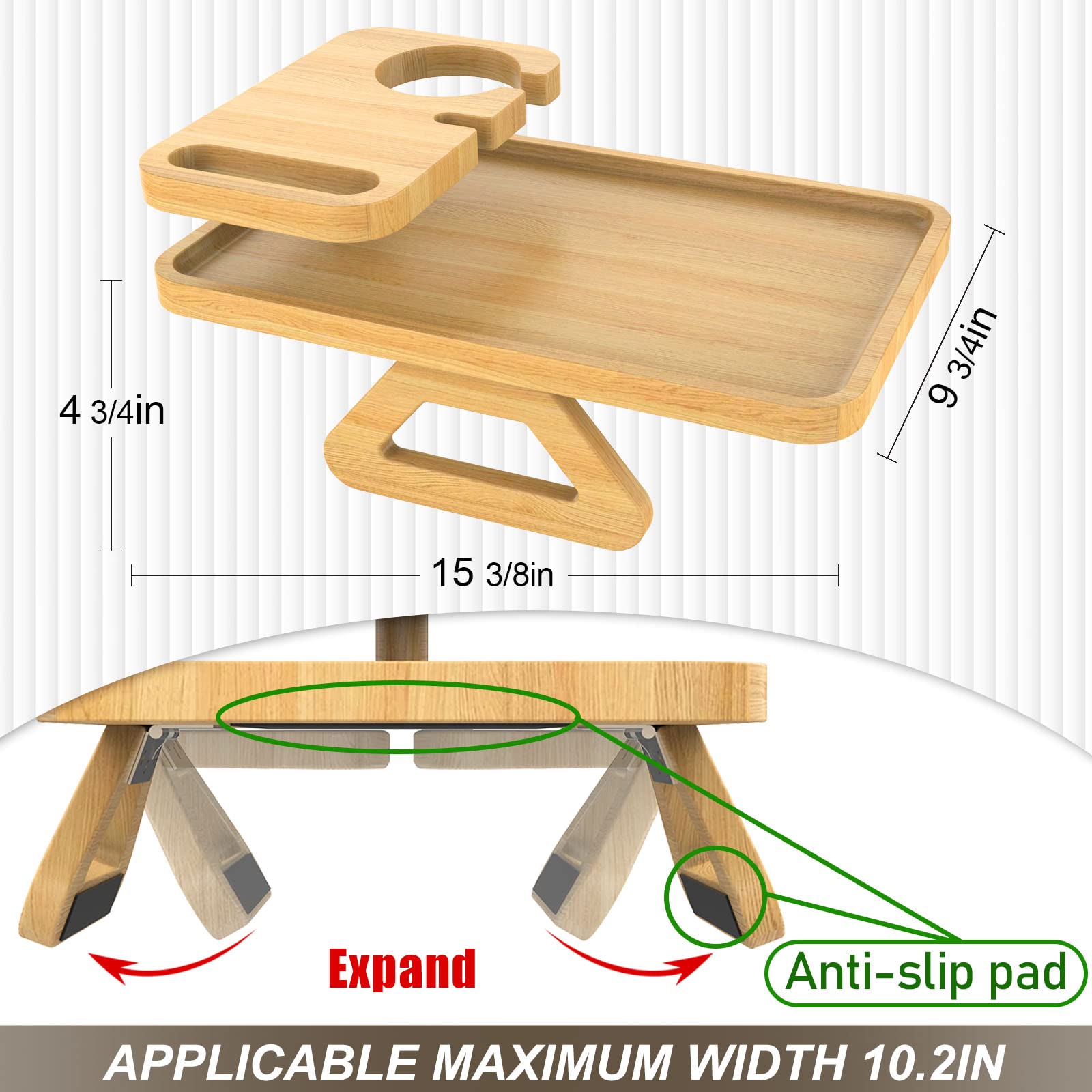 Bamboo Couch Arm Tray Table, Double Layer Sofa Clip on Tray Table with Cup Holder and Phone Holder, Sofa Armrest Tray for Eating Drinks Snacks