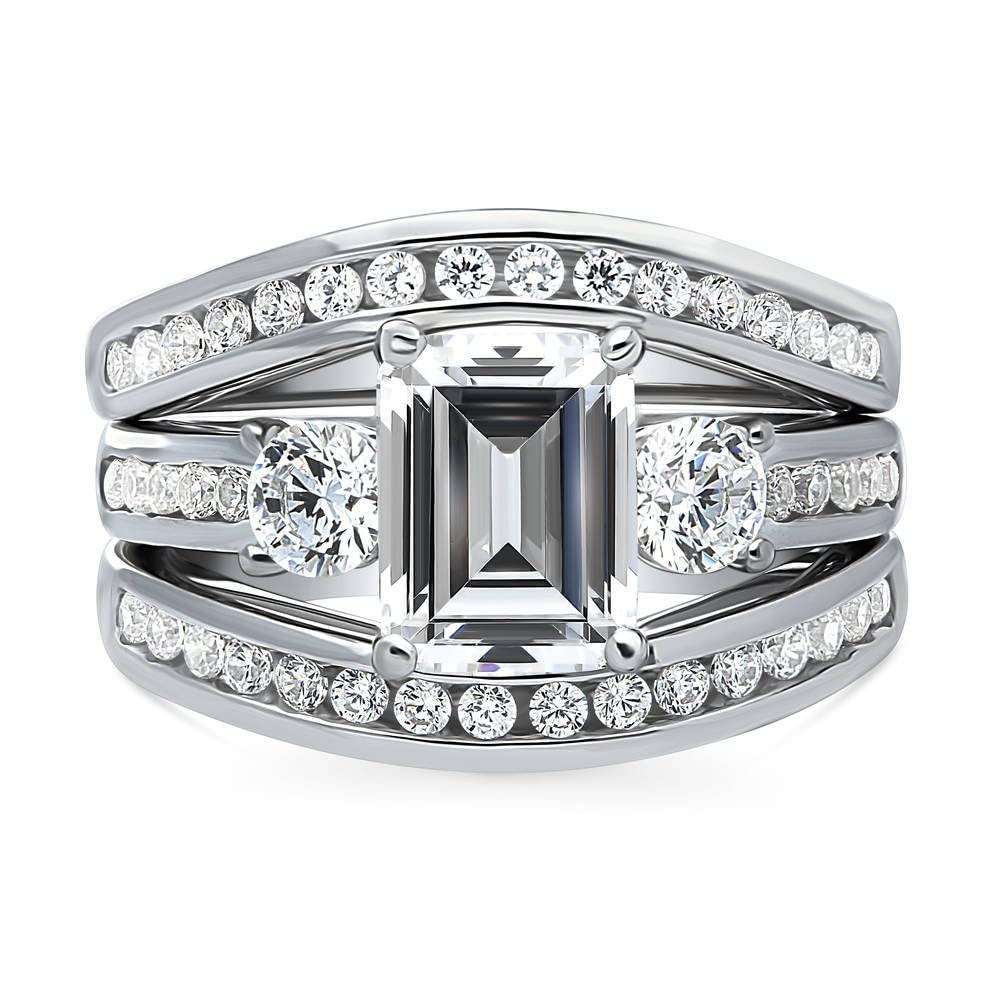 BERRICLE Sterling Silver 3-Stone Wedding Engagement Rings Emerald Cut Cubic Zirconia CZ Ring Set for Women, Rhodium Plated Size 6