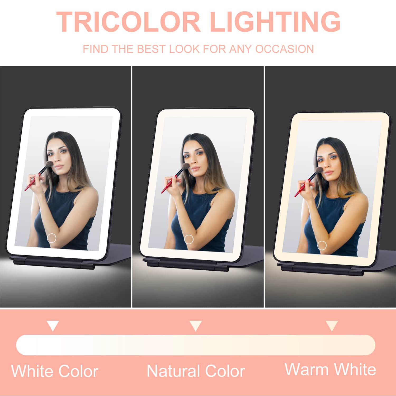 Foldable Double Sided Tabletop Mirror - Rechargeable Lighted Magnifying Mirror 10 X and 1X,3 Colors Light - Adjustable Foldable Handle for Makeup/Travel and Blackhead Removal.