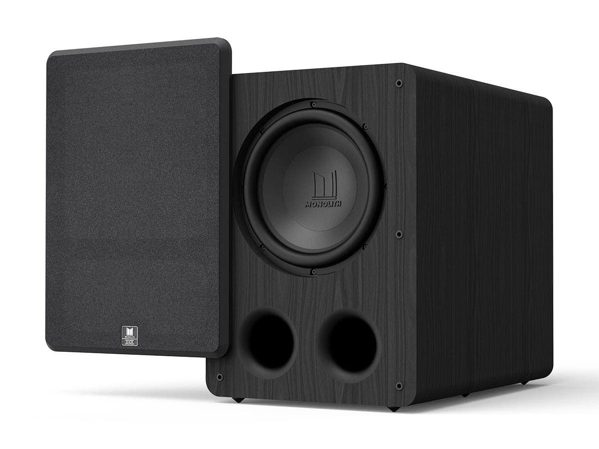 Monolith M-12 V2 12-Inch THX Certified Ultra 500 Watt Powered Subwoofer - Low Distortion, High Power Output, Vented HDF Cabinet, RCA and XLR Inputs, for Home Theater Systems, Black Ash Finish