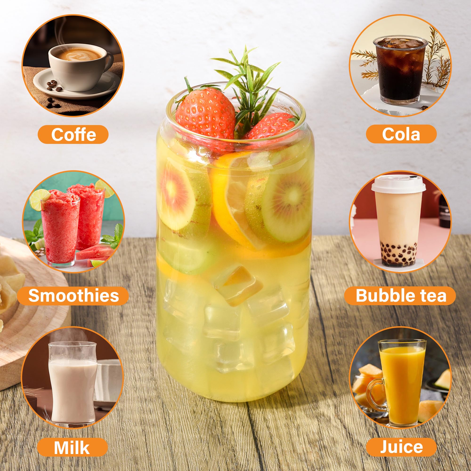 Emlim 1PCS Set Beer Glass Cup, Iced Coffee Glasses Drinking Glasses cup,Clear Old Fashioned Whiskey Cup with bamboo lid and glass straw for Cocktail, Whiskey,Mojito,Smoothie,Iced Coffee