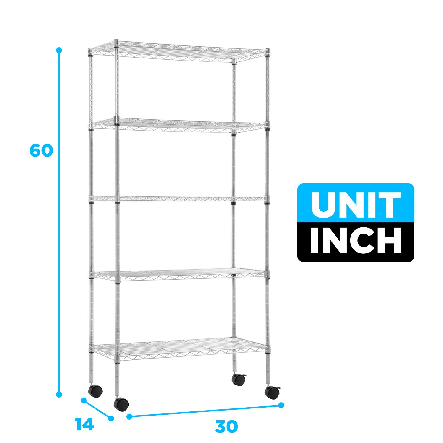 FDW 30" L×14" W×60" H Wire Shelving Unit Commercial Metal Shelf with 5 Tier Casters Adjustable Layer Rack Strong Steel for Restaurant Garage Pantry Kitchen Garage,Chrome