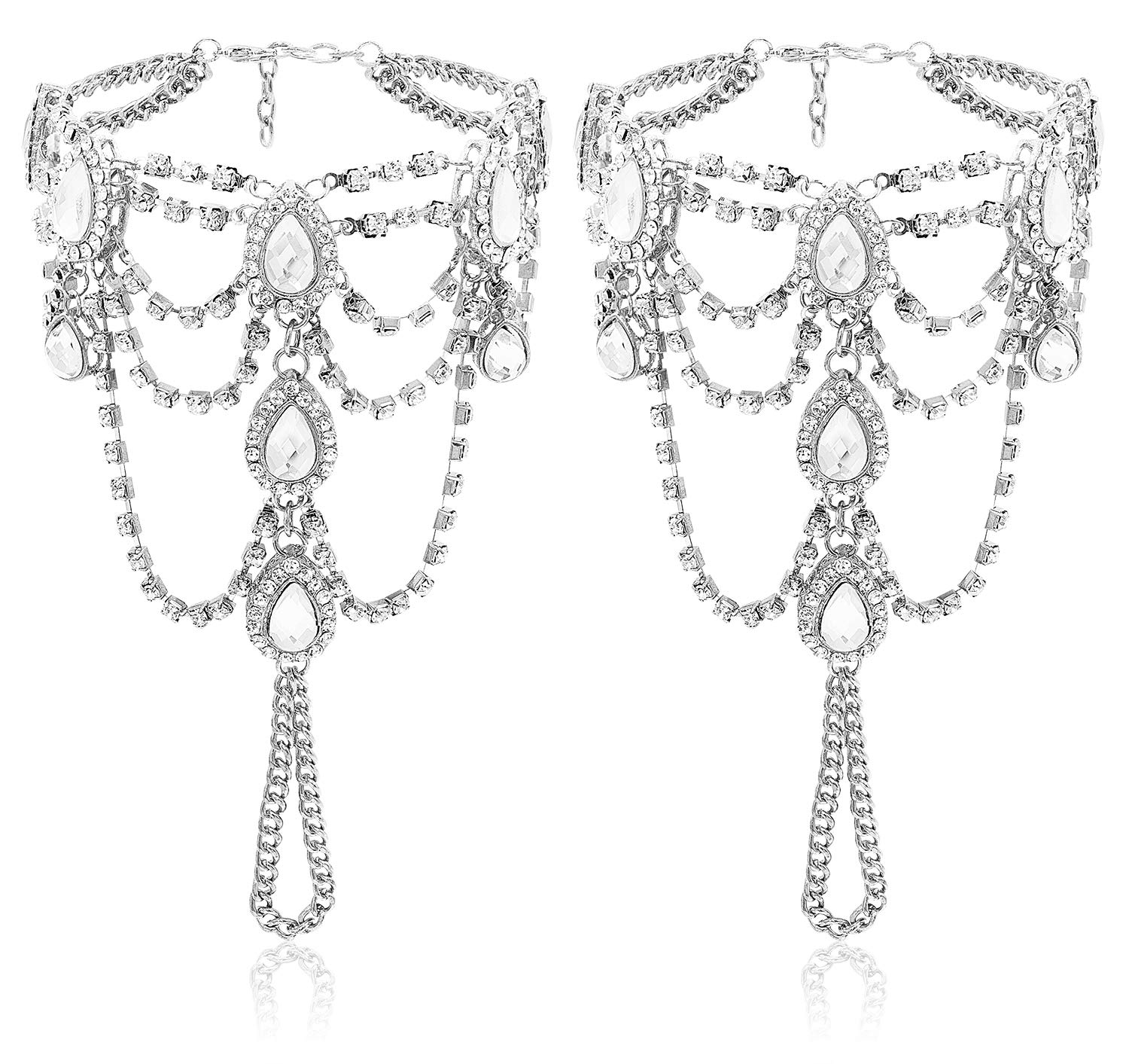 Bienvenu 2 PCS Crystal Beach Wedding Foot Jewelry Barefoot Sandals Toe Ring Boho Anklet with Multi Tassel,Golden