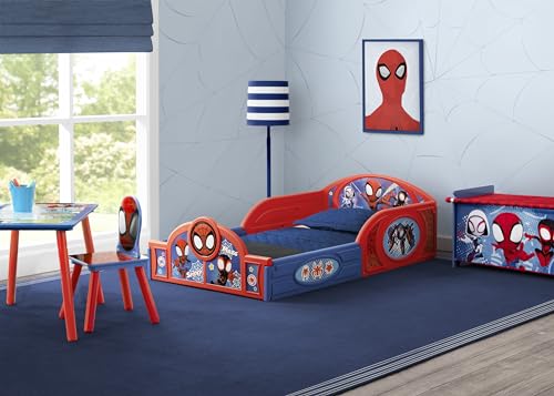 Delta Children - Marvel Spidey and His Amazing Friends 4-Piece Toddler Room-in-a-Box Set โ Includes Sleep and Play Toddler Bed, Table, 1 Chair and Toy Box, Blue/Red