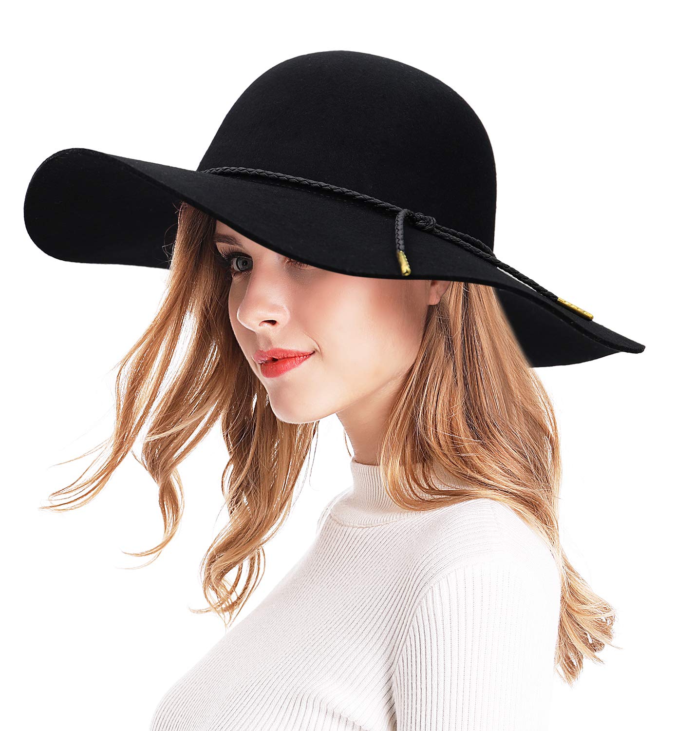 Bienvenu Women's Wide Brim Wool Ribbon Band Floppy Hat Black