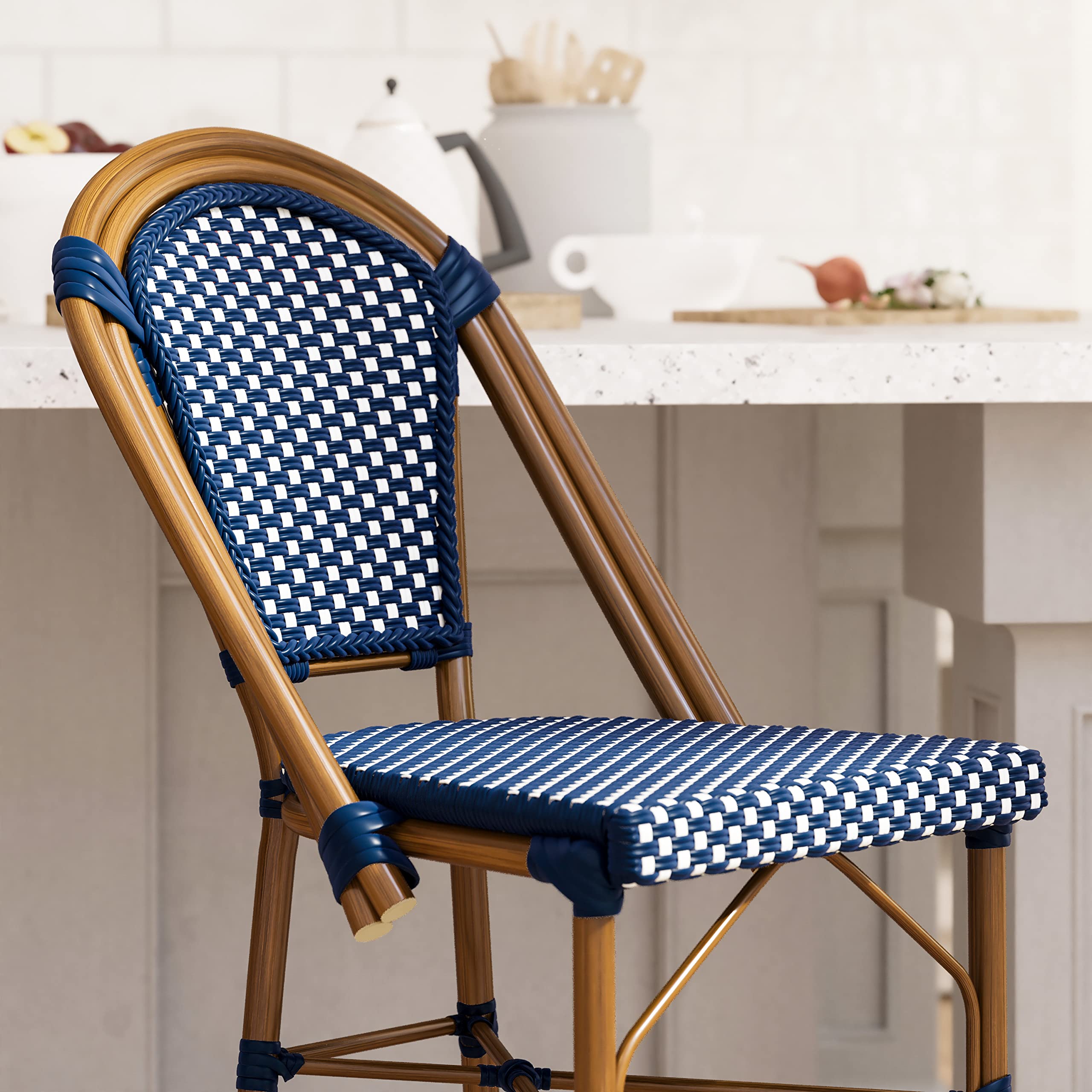 EMMA + OLIVER Soie Bistro Bar Stool - Stacking Indoor/Outdoor PE Rattan Bar Stool with Bamboo Finish Frame - 30" High - Set of Two - Navy/White