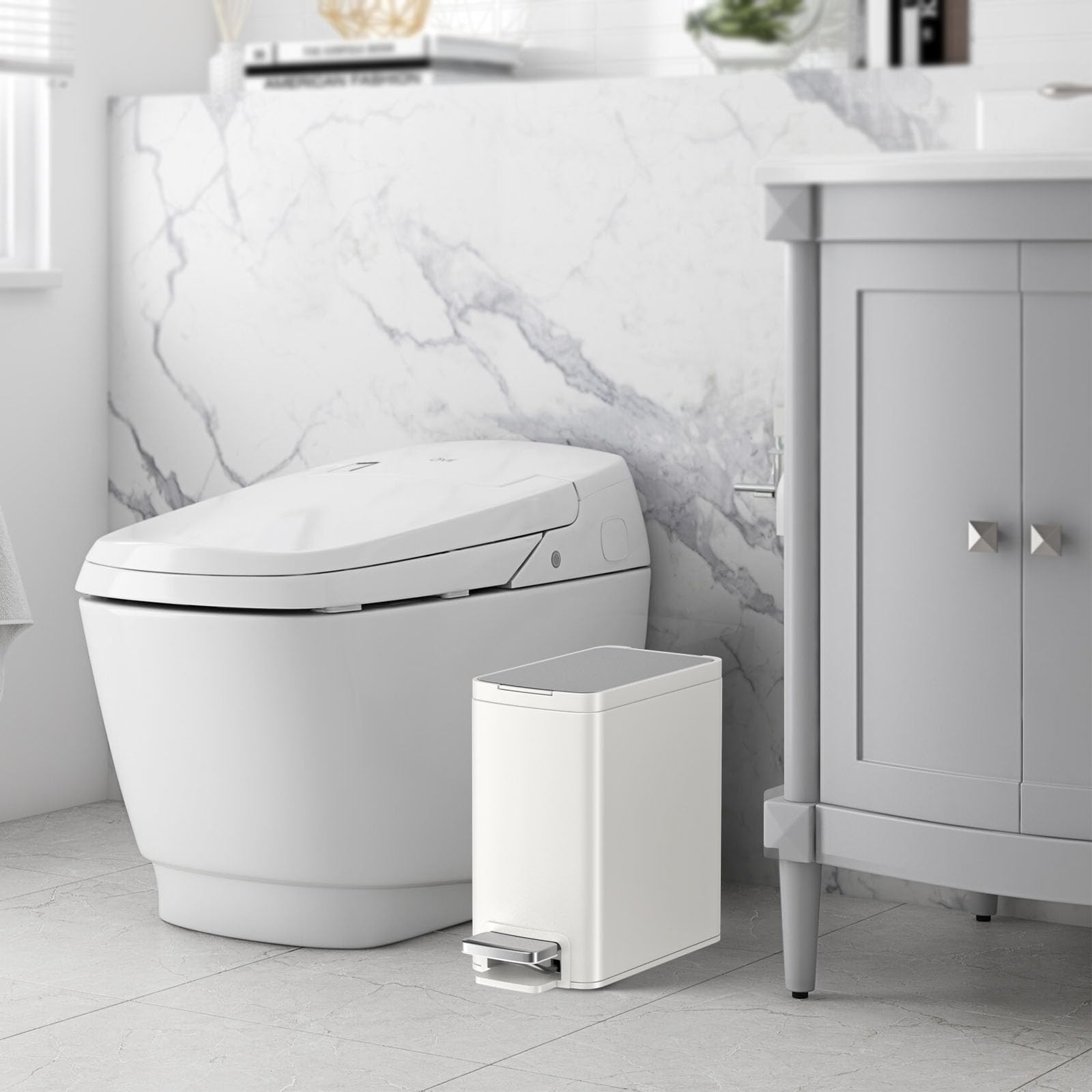 Bscann Bathroom Trash Can with Soft Close Lid,6 Liter / 1.6 Gallon Stainless Steel Step Garbage Can with Removable Bin,White Trash Can for Bathroom,Bedroom,Office(White)