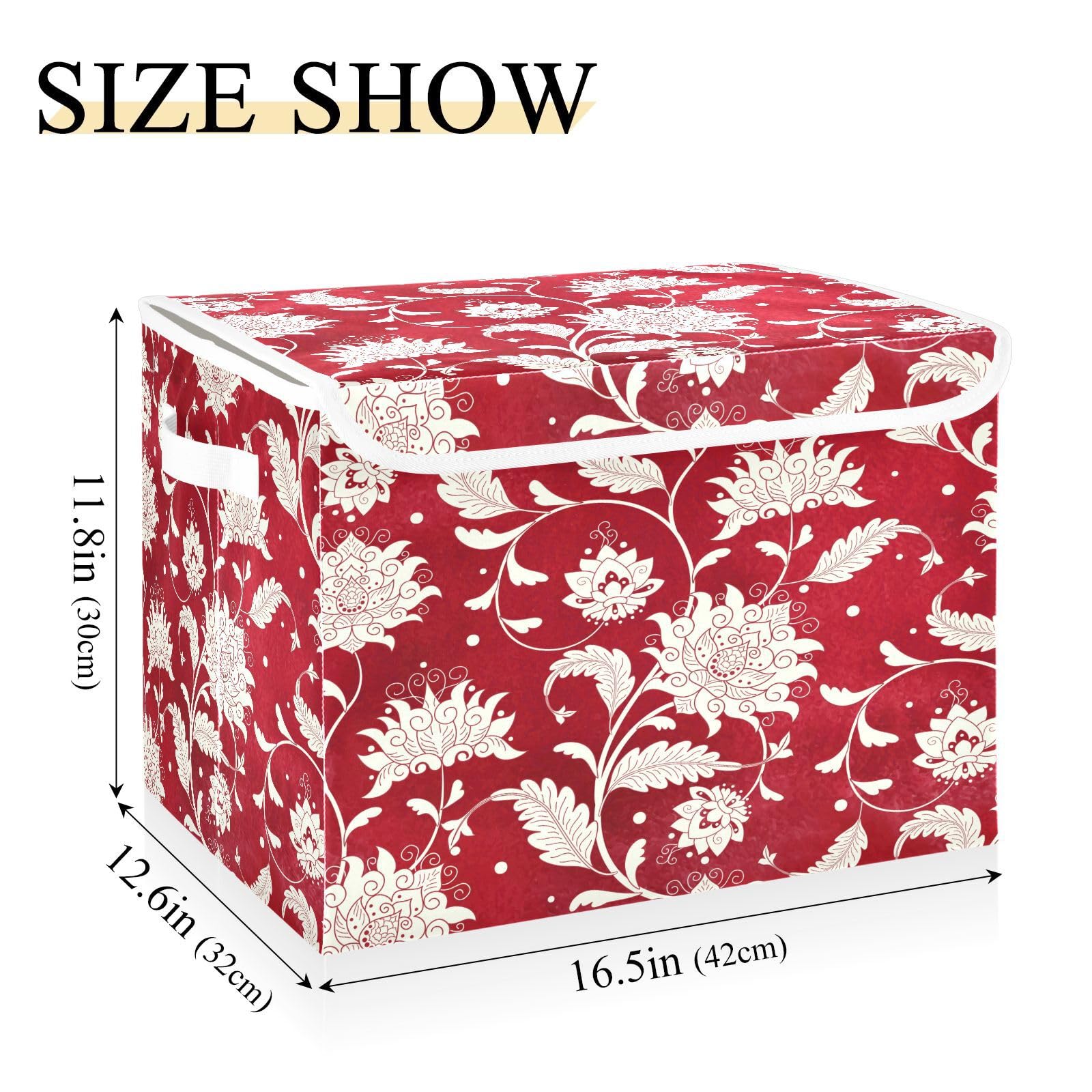 DIGTIA Chinese Traditional Flowers Storage Bins with Lids Red Background Foldable Storage Basket with Handles Collapsible Large Fabric Organizer Containers for Clothes Shelves Closet Office Home Bedro