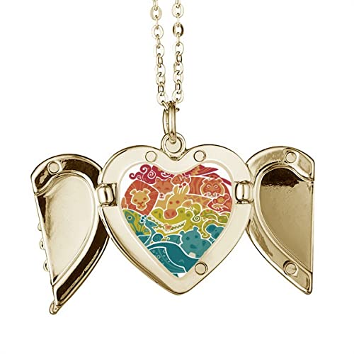 Blue Ocean Fish Illustrate Folded Wings Peach Heart Pendant Necklace