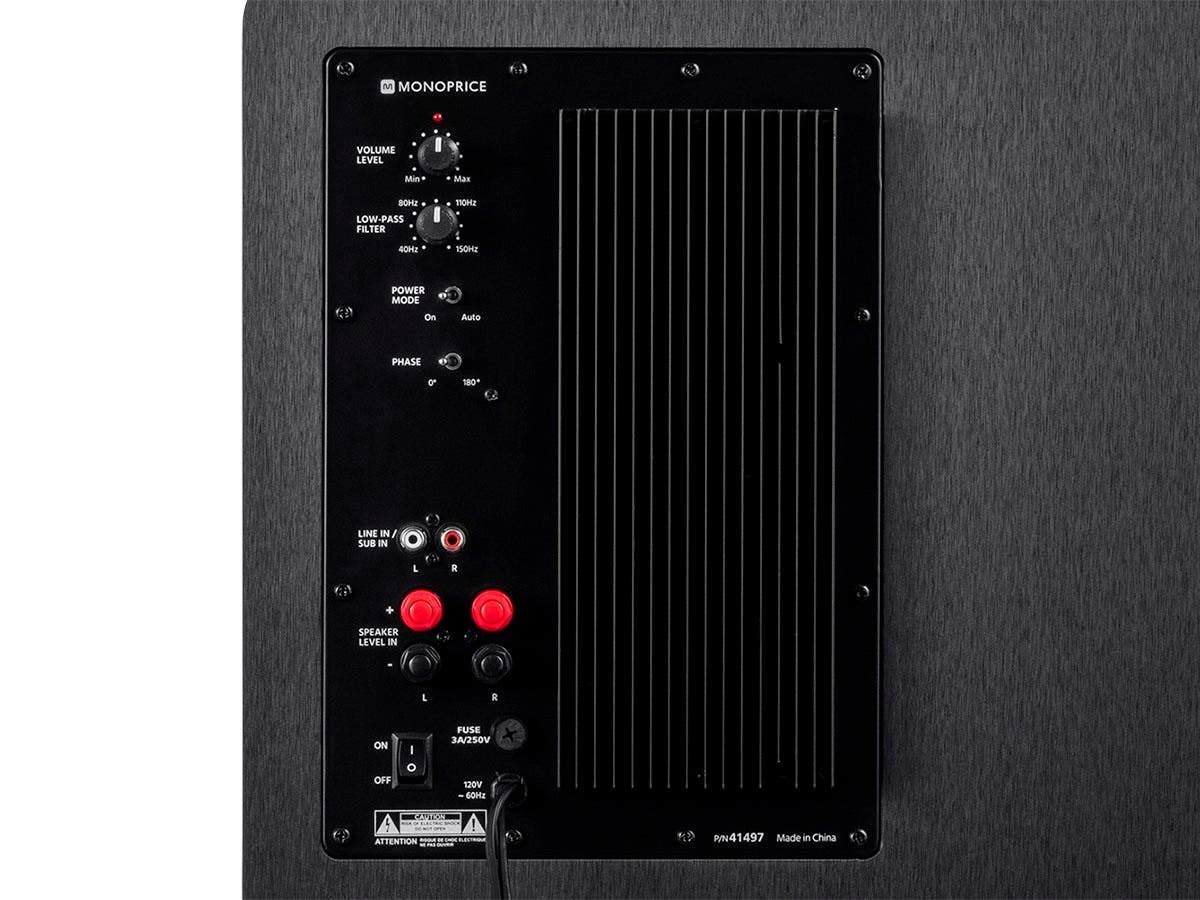 Monoprice SW-10 150 Watt RMS (300 Watt Peak) Powered Subwoofer 10in, Ported Design, Variable Phase Control, Variable Low Pass Filter, for Home Theater
