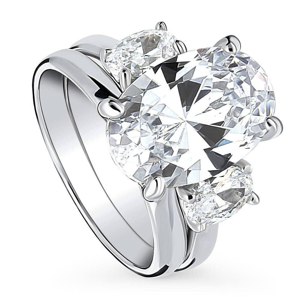 BERRICLE Sterling Silver 3-Stone Wedding Engagement Rings Oval Cut Cubic Zirconia CZ Ring Set for Women, Rhodium Plated Size 6