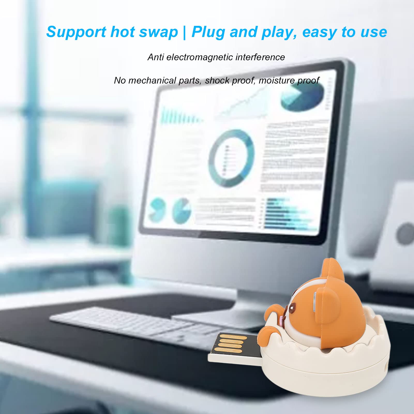 Cartoon Memory Stick, Cute Dog U Disk USB Interface AntiElectromagnetic Interference for Little Corgi + Ring Buckle 64GB
