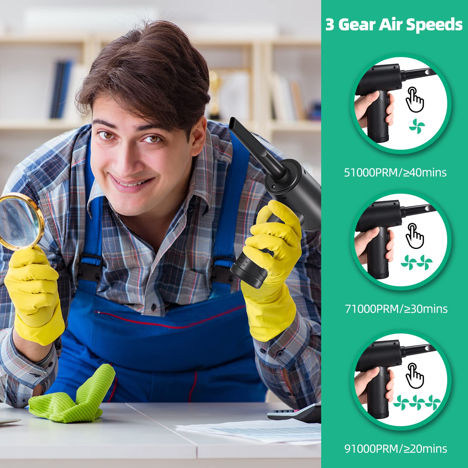 Compressed Air Duster, Cordless Air Duster & Vacuum 2 in 1, Electric Duster Reusable, 91000RPM Computer Vacuum Cleaner, Dust Blower for Computer, Car, Keyboard Clean, Replaces Compressed Air Cans