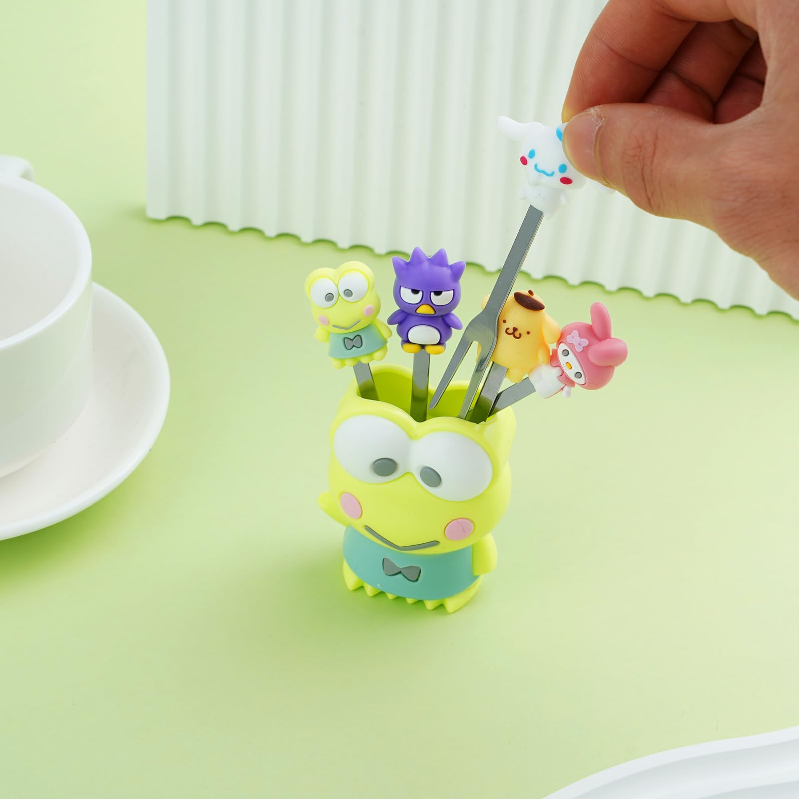Cartoon Mini Fruit Fork, Cute Set of 6 Fruit Forks with Holder Stainless Steel Food Pick Forks for Home (Cha-SRO)