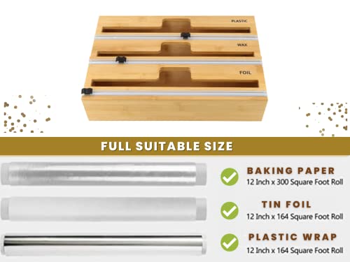 FORTBIT Foil and Plastic Wrap Organizer with Cutter - 3in1 Natural Bamboo Wooden Plastic, Wax, Parchment, Aluminum Foil and Plastic wrap Dispenser with Cutter - 12" Kitchen Wrap Dispenser for Drawer