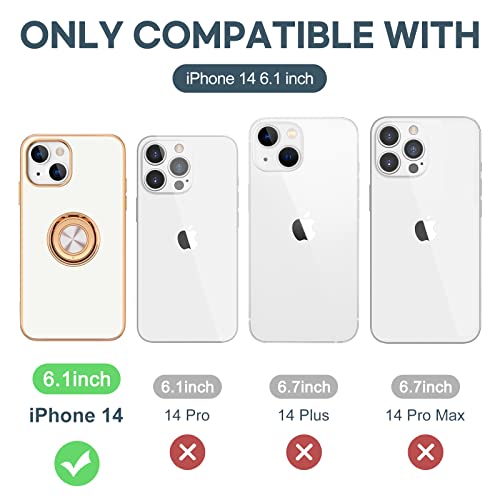 Hython Case for iPhone 14 Case with Ring Stand [360° Rotatable Ring Holder Magnetic Kickstand] [Support Car Mount] Plated Gold Edge Slim Soft TPU Luxury Shockproof Protective Phone Case Cover, White