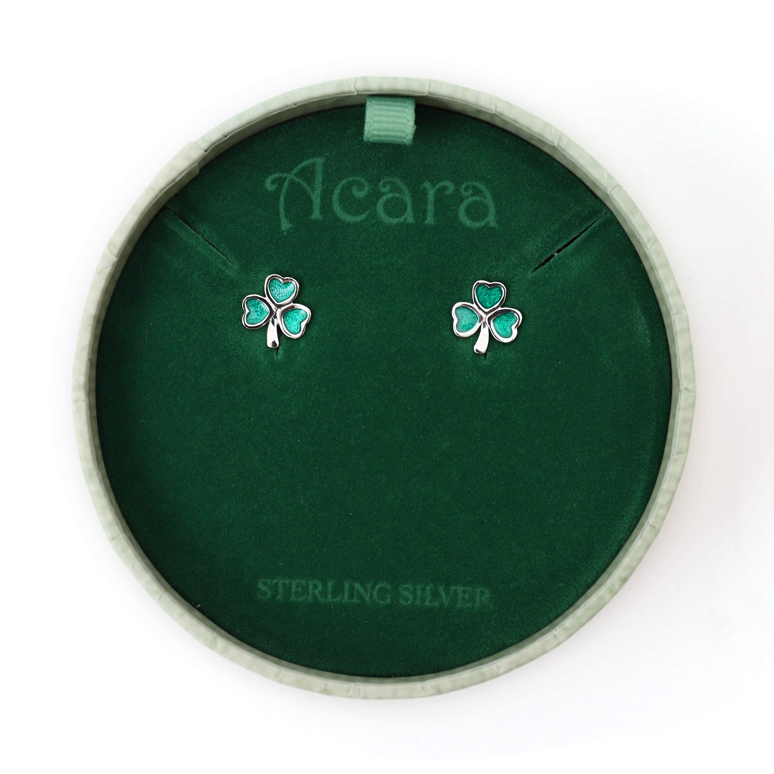 Biddy Murphy, Irish Three Leaf Clover Shamrock Earrings for Women, Sterling Silver Celtic Green Enamel Studs, Made in Ireland by Artisan Jewelers