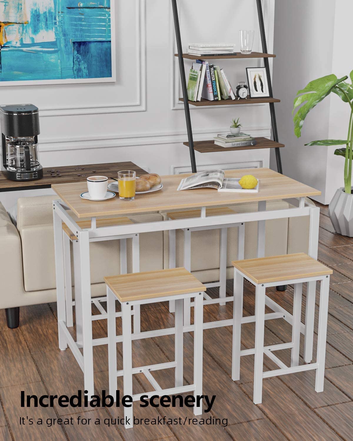 MIERES 5 Pcs Kitchen Dining Table set for 4, Wood Elegant Pub Table Set for Kitchen/Living Occasions/Dining Room/Bar, Beige&White/Height 34.7