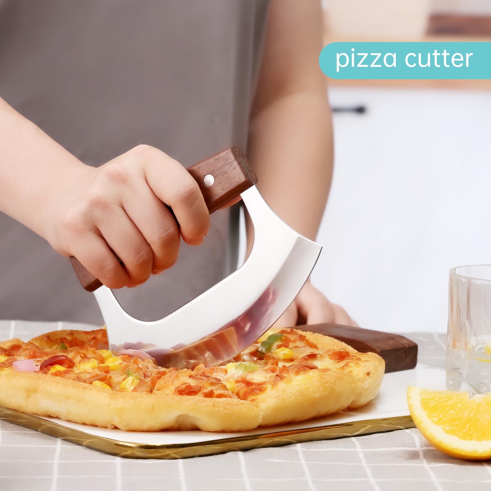 Coowolf Ulu Knife Alaska Pizza Cutter Rocker Knife Mezzaluna Knife with Base, Classic Walnutwood and Sharp Stainless Steel Blades, Ideal for Chopping Herbs or Salads- Essential Kitchen Knives