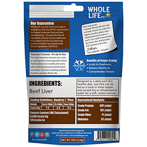 Whole Life Pet Just One Beef Liver Dog Treats - Human Grade, Freeze Dried, One Ingredient - Training Or Reward, Grain Free, Made in The USA