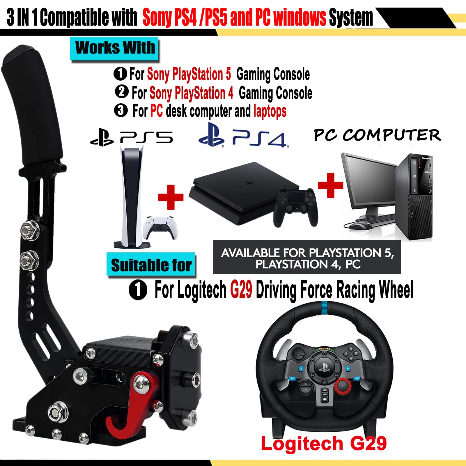 Obokidly Upgrade 2-IN-1 USB Handbrake Support G29 Compatible With PS4/PS5 + PC For Simracing Game Sim Rig With Clamp (Support G29 For PS5 With Clamp, Black)