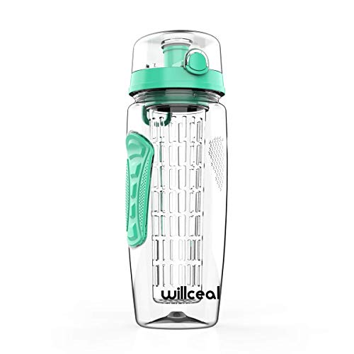 Fruit Infuser Water Bottle 32oz Willceal- Durable, Large - BPA Free Tritan, Flip Lid, Leak Proof Design - Sports, Camping (Mint)