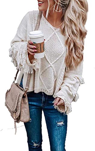 HZSONNE Women's Casual V Neck Tassel Bell Long Sleeve Boho Loose Kimono Cable Knit Pullover Sweater Jumper Tops (White, Large)