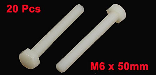 uxcell M6 x 50mm Full Thread 1mm Pitch Nylon Hex Head Cap Screw Bolt 20 Pcs