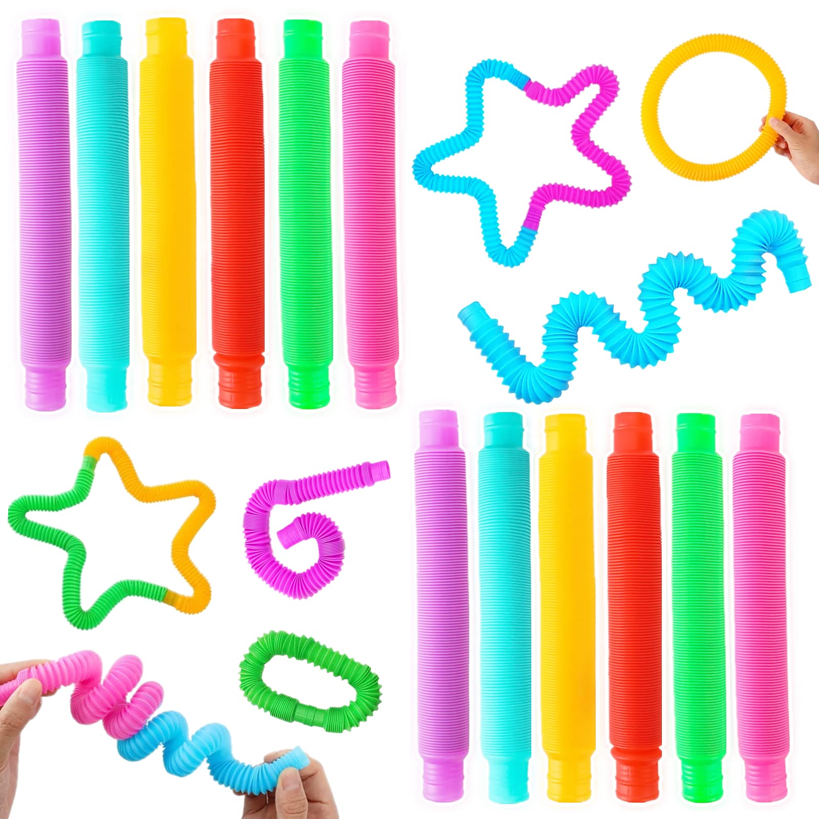 TIBDALA Mini Pop Tubes Fidget Toy, 12 Pack Sensory Stretch Tubes Stress Relief Toys for Kids Funny Christmas Stocking Stuffers Party Favors Novelty Gifts for Boys Girls